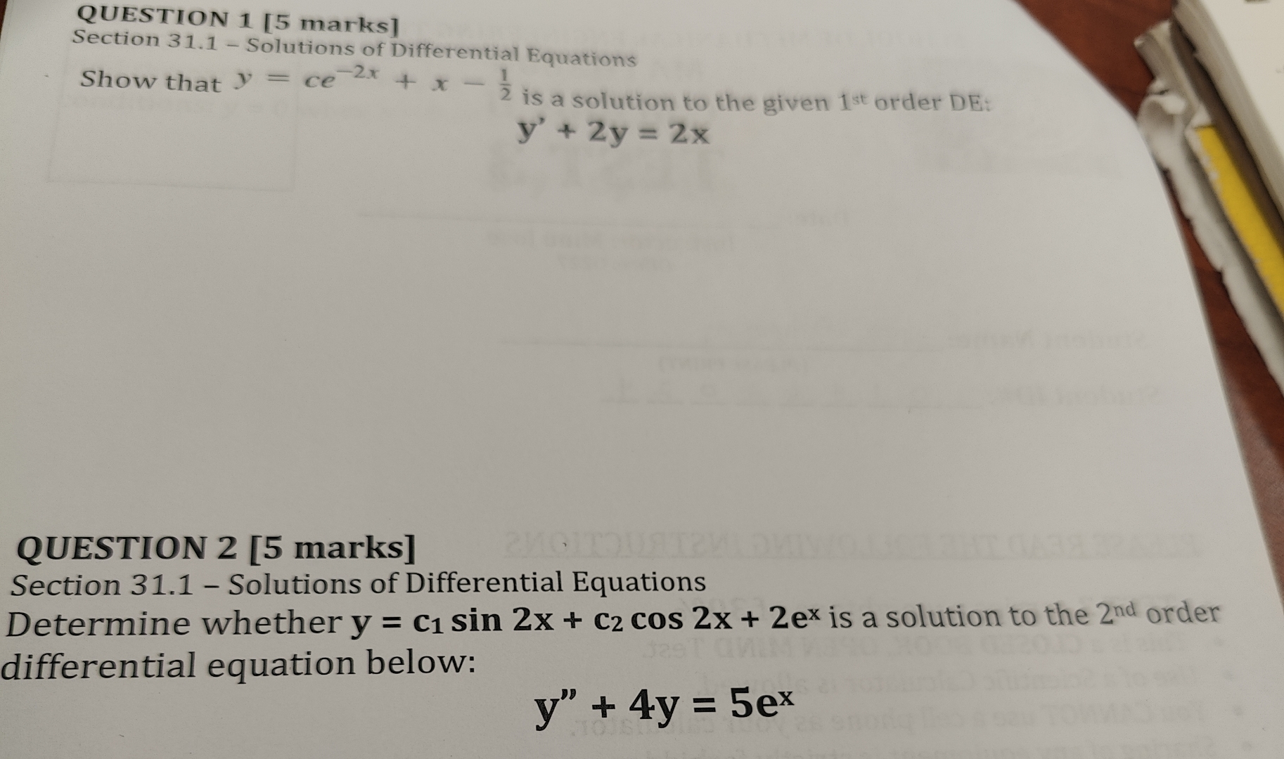 Solved QUESTION 1 [5 ﻿marks]Section 31.1 - ﻿Solutions of | Chegg.com