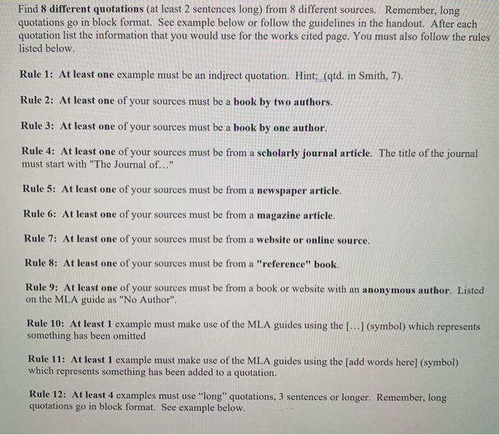 Find 8 different quotations (at least 2 sentences | Chegg.com