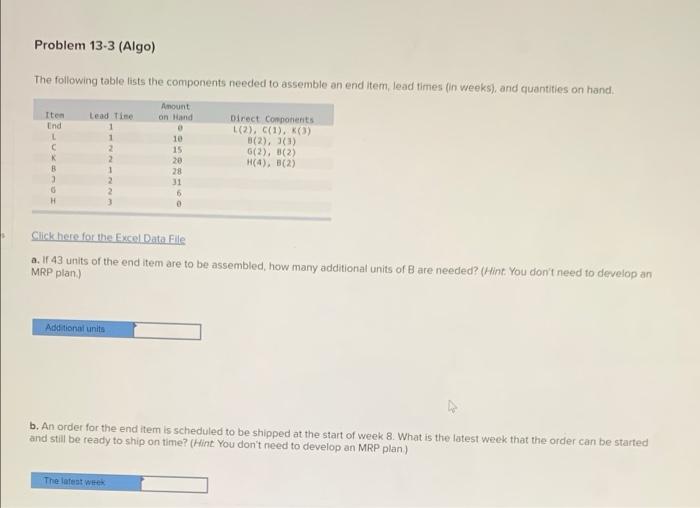 Solved Problem 13-3 (Algo)The following table the components | Chegg.com