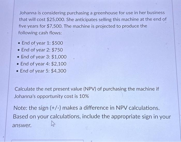 Solved Johanna is considering purchasing a greenhouse for | Chegg.com
