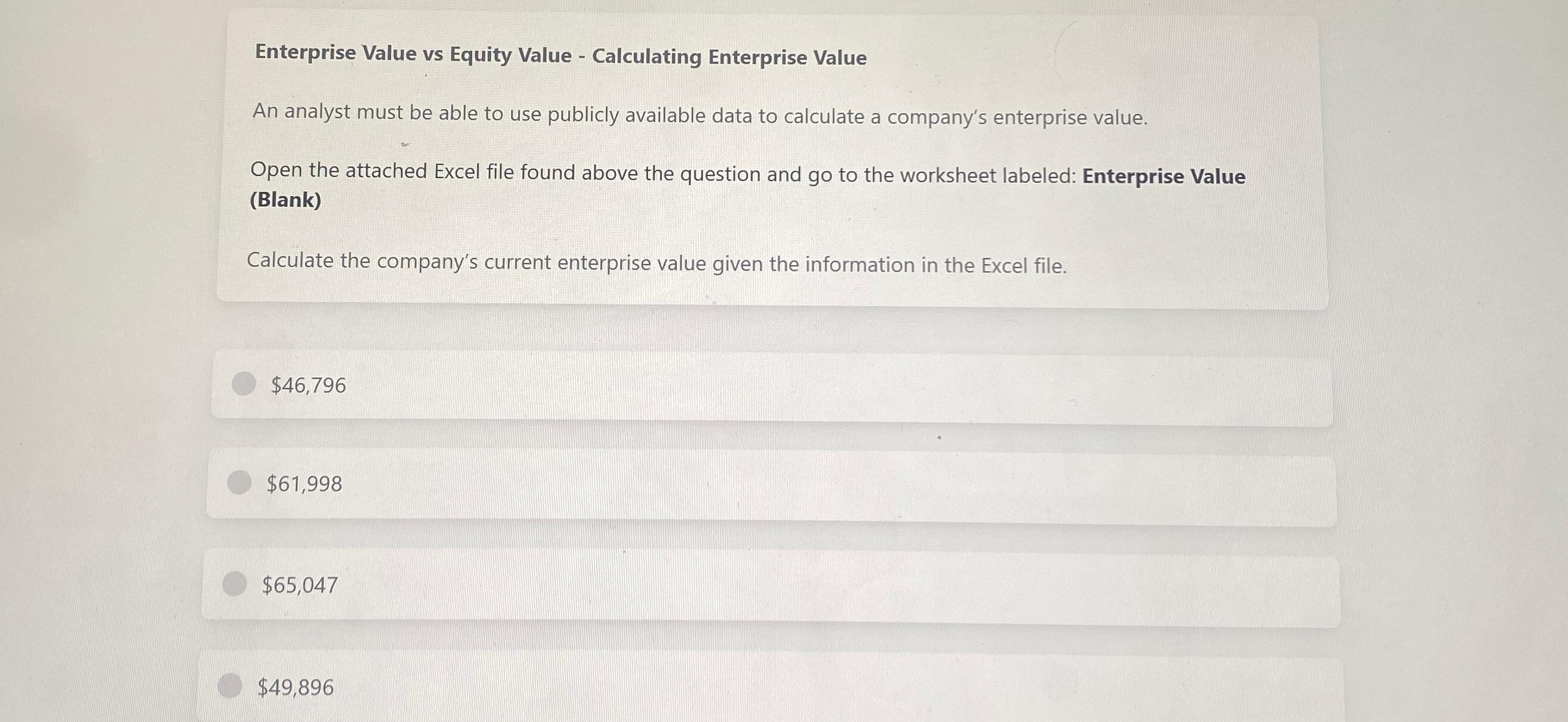 Solved Enterprise Value vs Equity Value - ﻿Calculating | Chegg.com