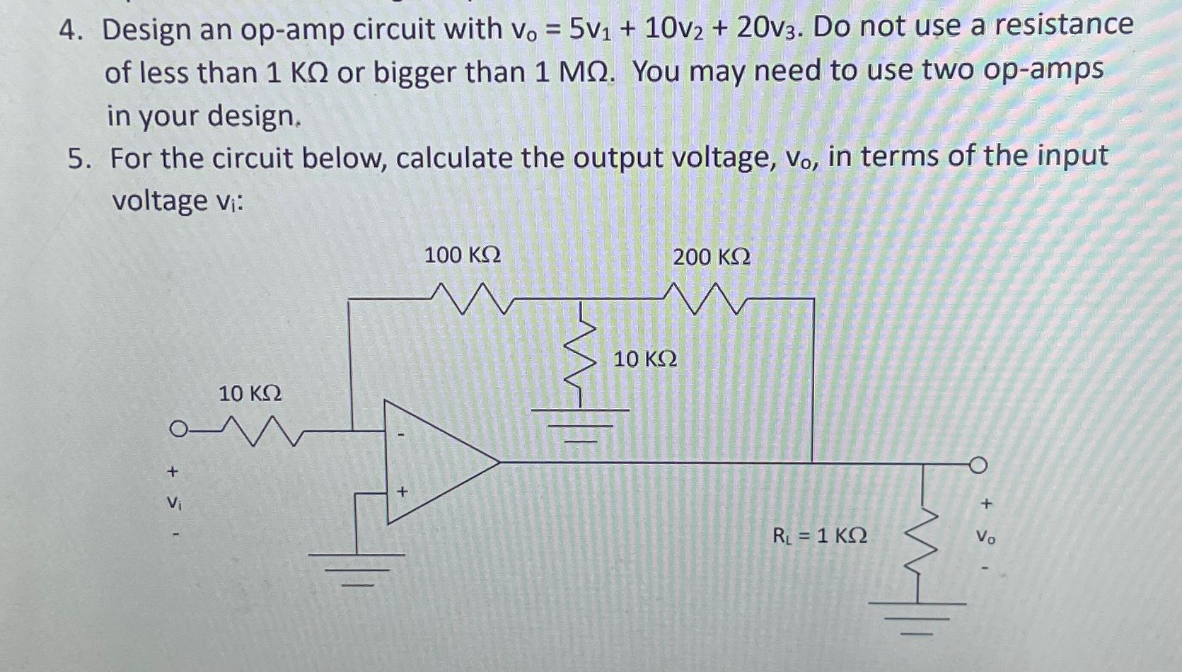Solved Design an op-amp circuit with v0=5v1+10v2+20v3. ﻿Do | Chegg.com