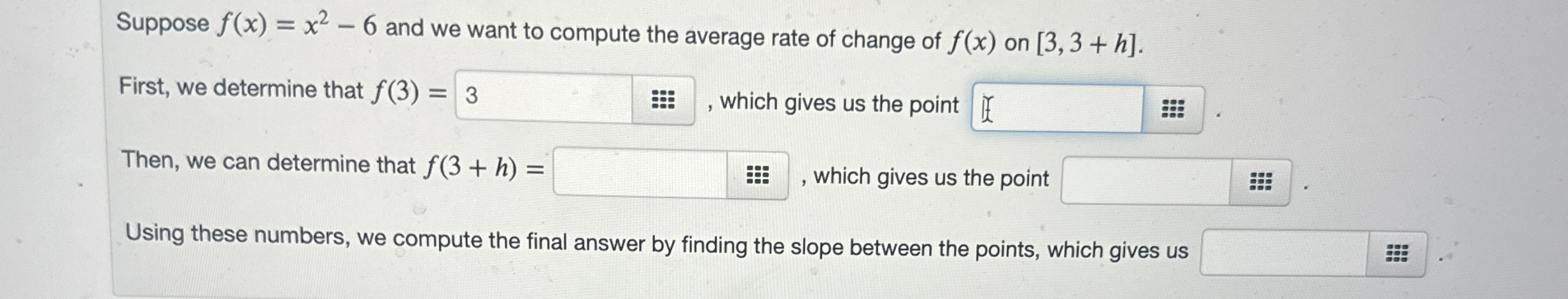 Solved Suppose f(x)=x2-6 ﻿and we want to compute the average | Chegg.com