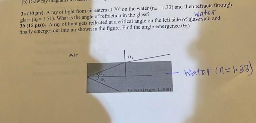 Solved 3a (10 pts). A ray of light from air enters at 70∘ on | Chegg.com