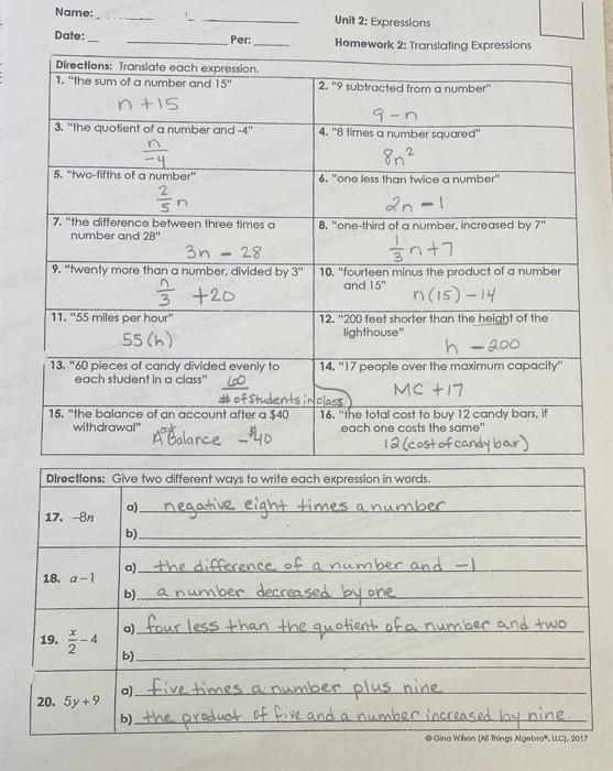 Solved Name: Date: Per: Unit 2: Expressions Homework \\%: | Chegg.com