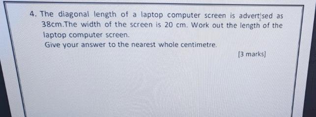 Solved 4. The diagonal length of a laptop computer screen is | Chegg.com