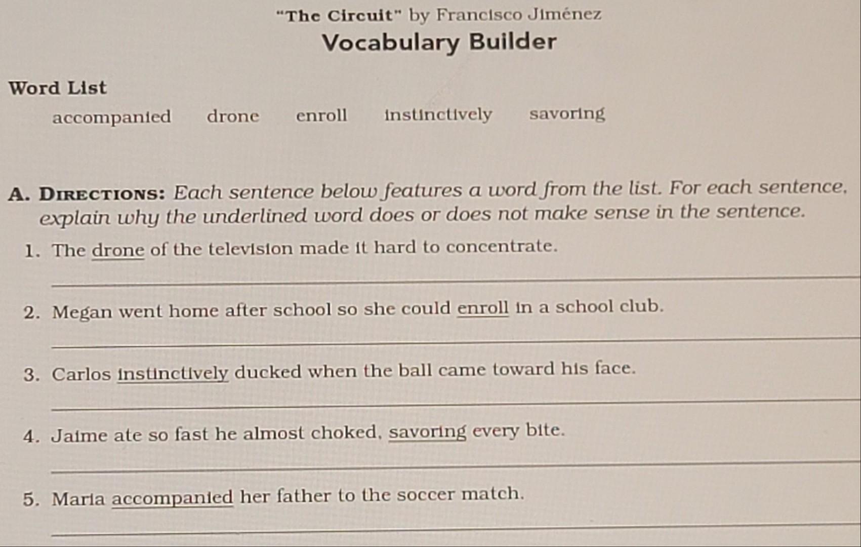 "The Circuit" by Francisco Jiménez Vocabulary Builder | Chegg.com