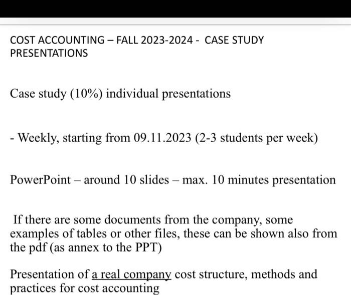 Solved COST ACCOUNTING - FALL 2023-2024 - CASE STUDY | Chegg.com