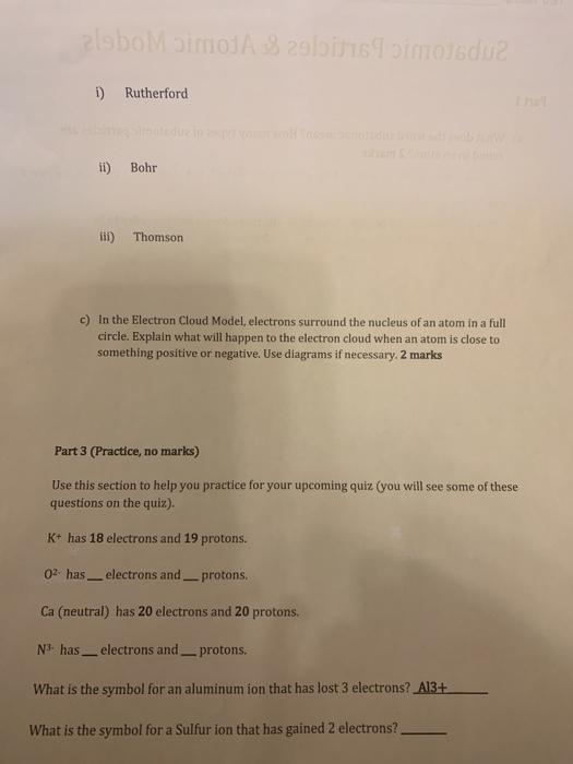 Solved Subatomic Particles & Atomic Models Part 1 a) What | Chegg.com