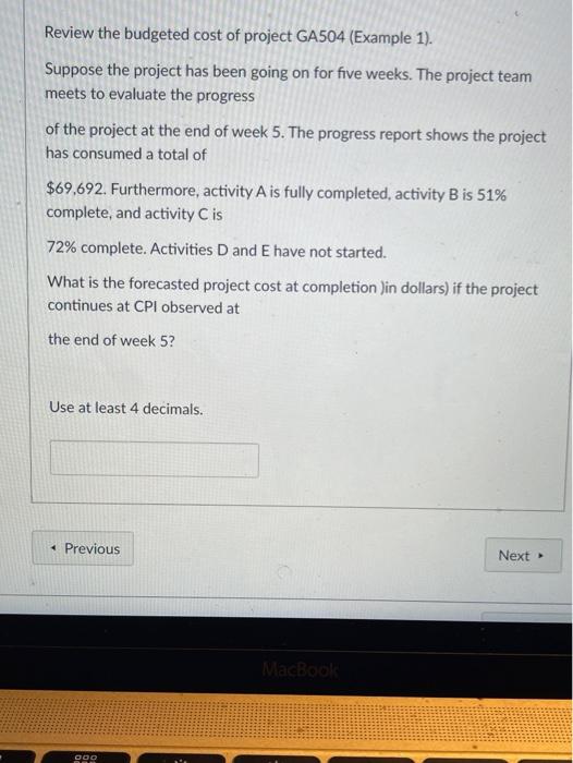 Solved Evaluating Project Performance at the end of Week 5 | Chegg.com