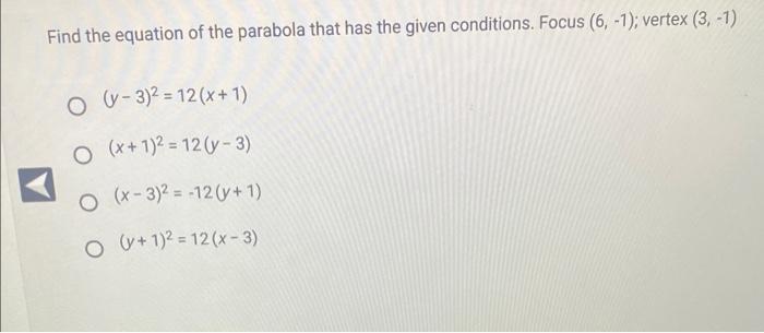 Solved Find the equation of the parabola that has the given | Chegg.com