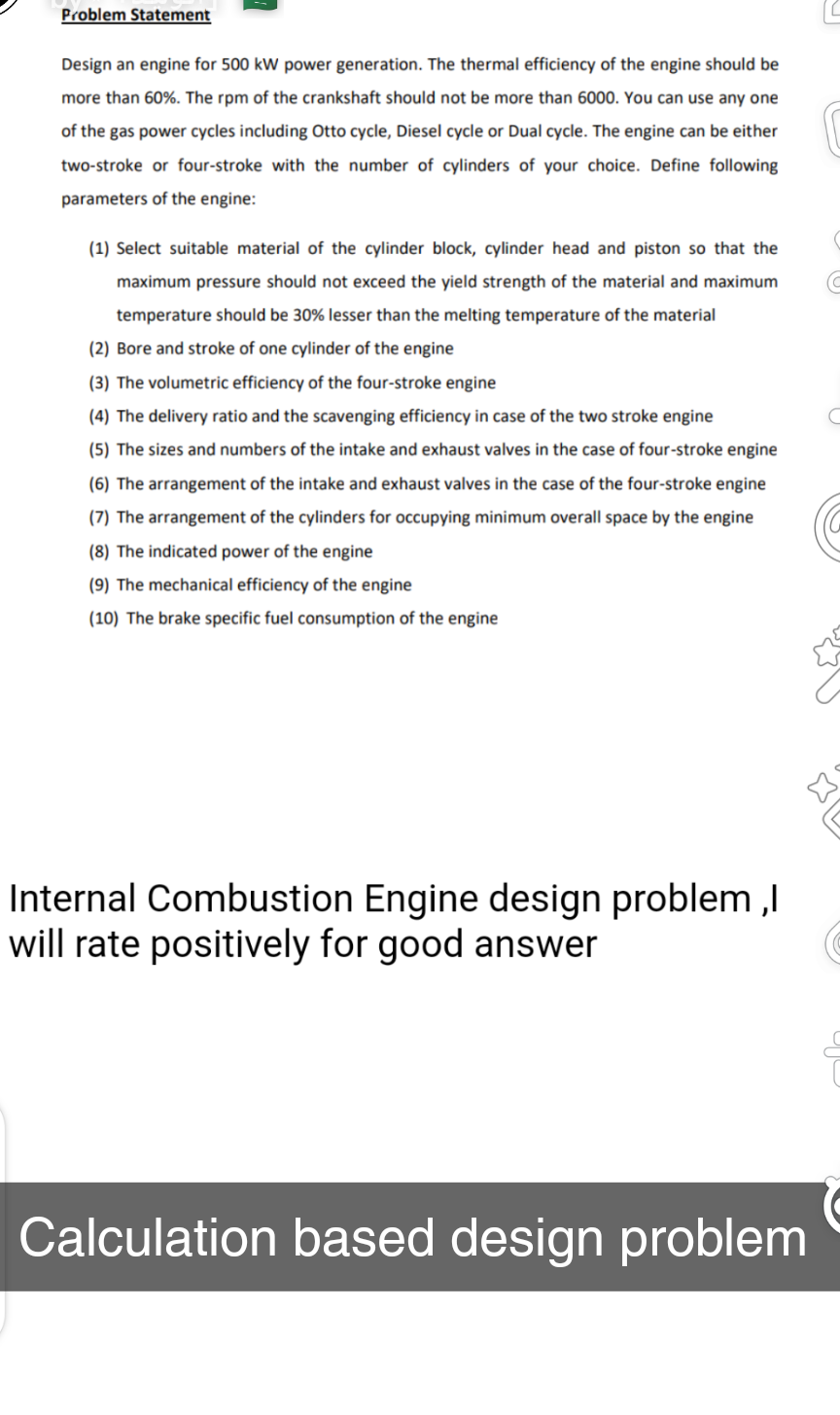 Solved Design an engine for 500 kW power generation. The | Chegg.com