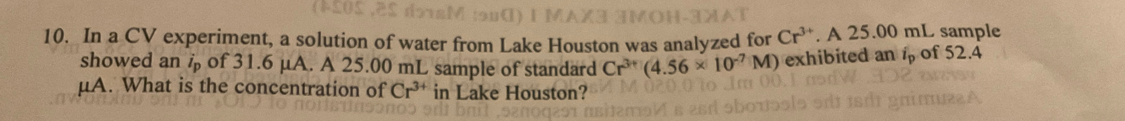 Solved In a CV experiment, a solution of water from Lake | Chegg.com