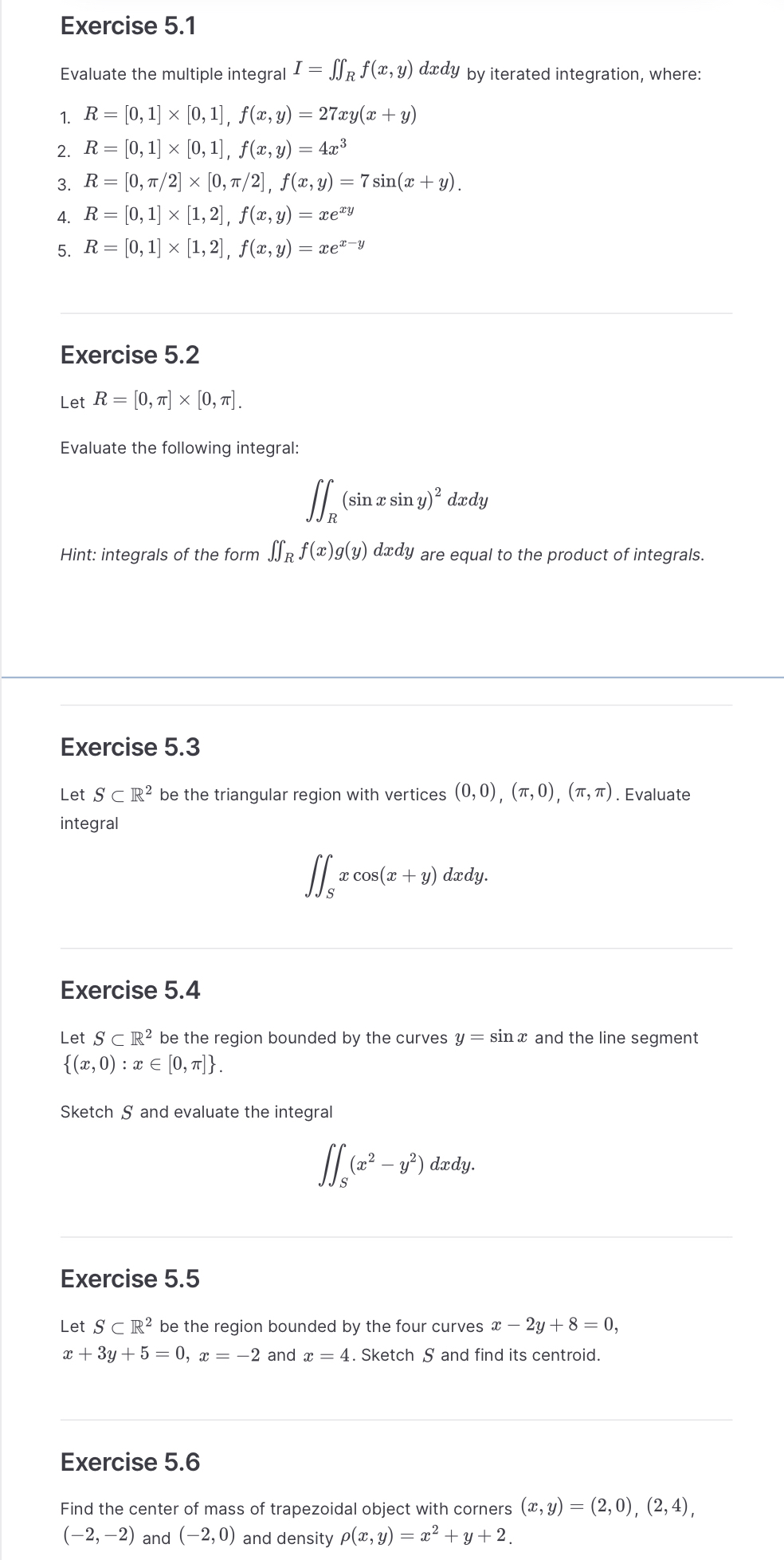 Solved Exercise 5.1Evaluate the multiple integral | Chegg.com