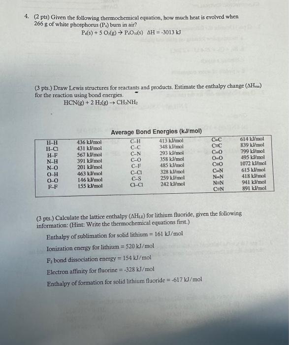 Solved 4. ( 2 pts) Given the following thermochemical | Chegg.com