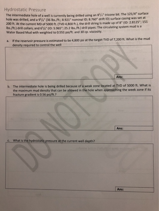 Hydrostatic Pressure The intermediate hole of a well | Chegg.com