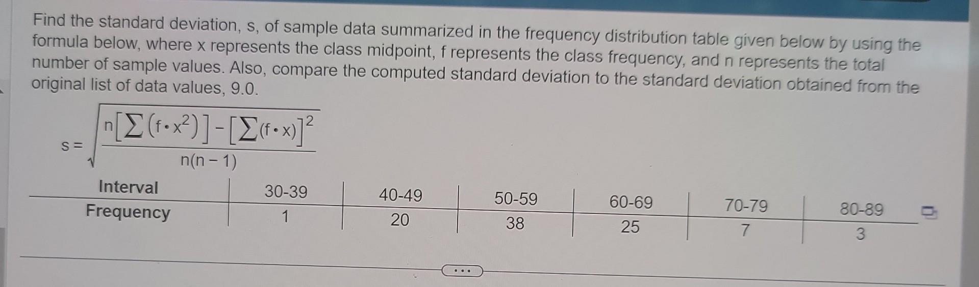Solved Find the standard deviation, s, of sample data | Chegg.com