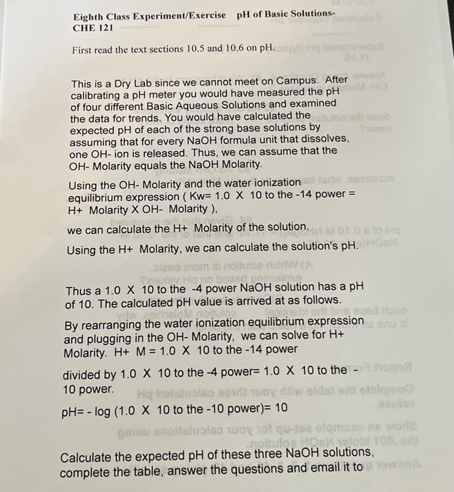 Eighth Class Experiment/Exercise pH of Basic | Chegg.com