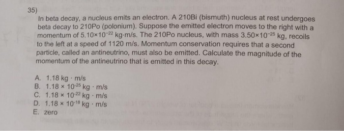 Solved 35) In beta decay, a nucleus emits an electron. A | Chegg.com