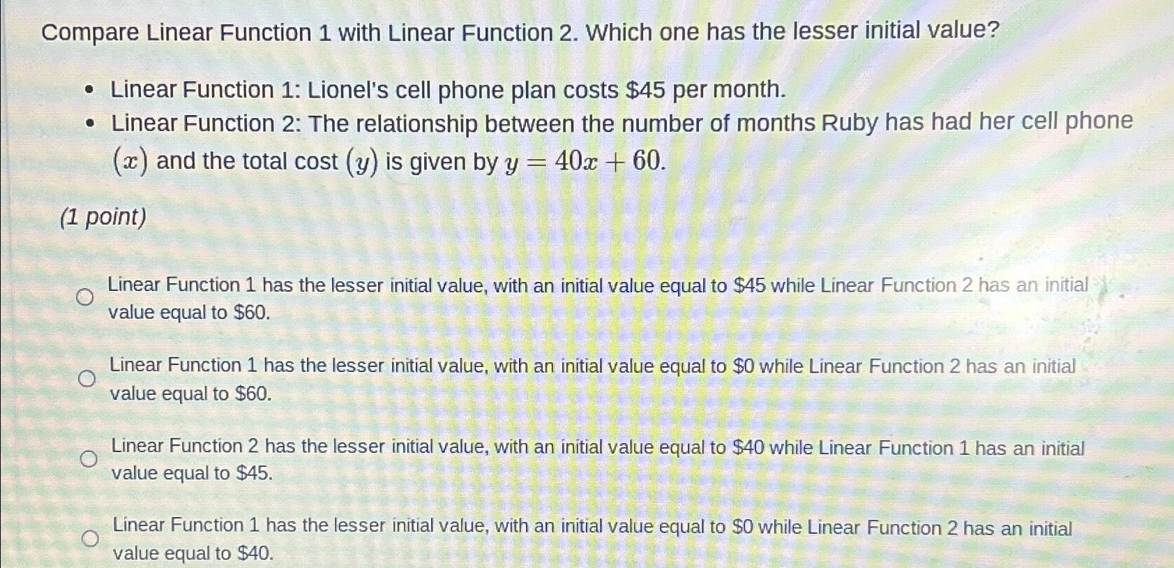 Solved Compare Linear Function 1 ﻿with Linear Function 2. | Chegg.com