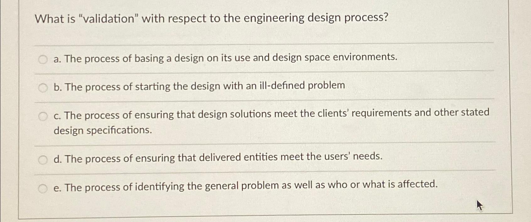 Solved What is "validation" with respect to the engineering | Chegg.com