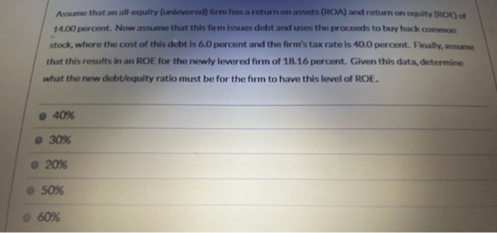 Solved Assume that an all-equity (unlevered) hirm has a | Chegg.com