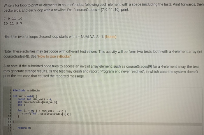 Solved Write a for loop to print all elements in | Chegg.com