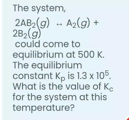 Solved The system, 2AB2(g) - A2(g) + 2B2(g) could come to | Chegg.com