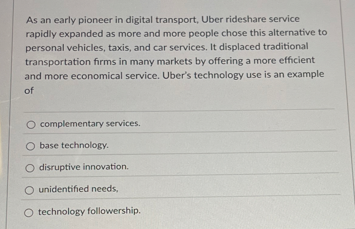 Solved As an early pioneer in digital transport, Uber | Chegg.com