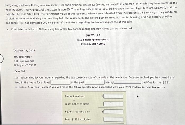 Solved Nell, Nina, and Nora Potter, who are sisters, sell | Chegg.com