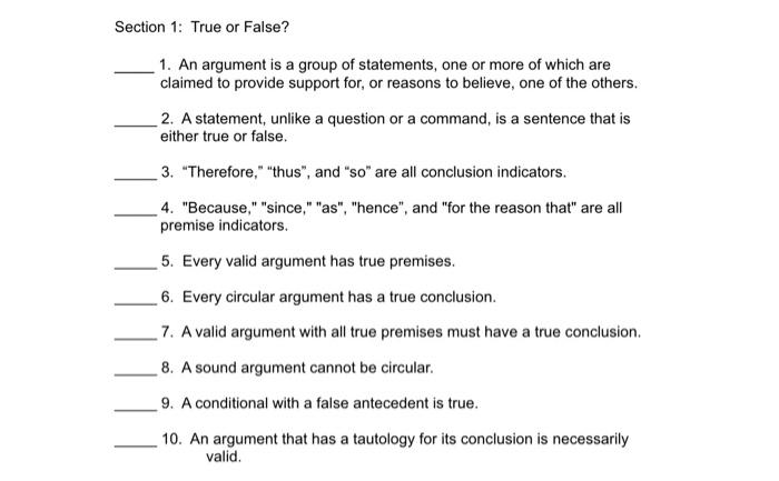 Section 1: True or False? 1. An argument is a group | Chegg.com