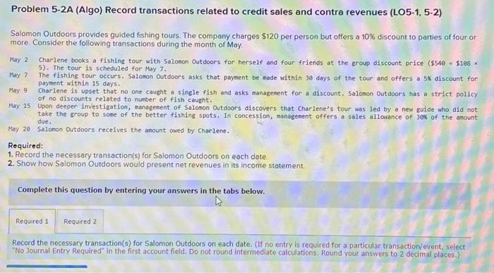 Solved Problem 5-2A (Algo) Record transactions related to | Chegg.com