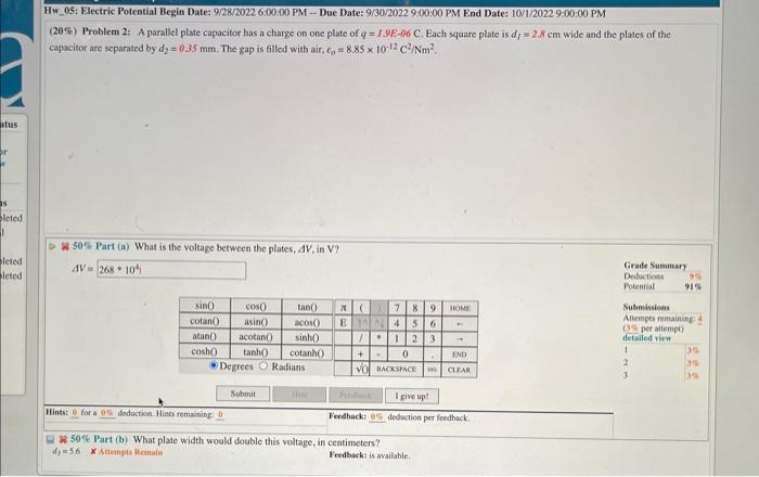 Solved (20\%) Problem 2: A parallel plate capacitor has a | Chegg.com