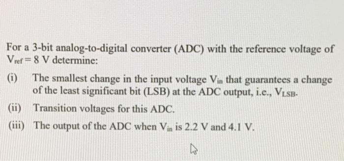 Solved For a 3-bit analog-to-digital converter (ADC) with | Chegg.com