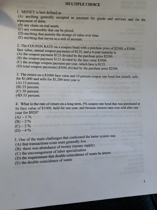 Solved MULTIPLE CHOICE 1. MONEY is best defined as (A) | Chegg.com