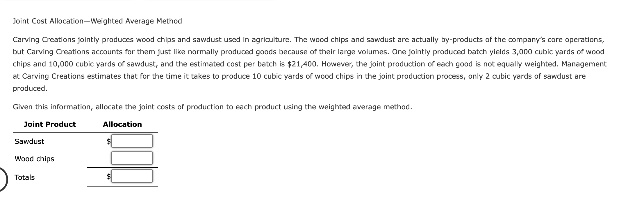 Solved Joint Cost Allocation-Weighted Average MethodCarving | Chegg.com