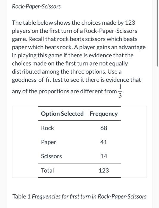 Solved Rock-Paper-Scissors The table below shows the choices | Chegg.com