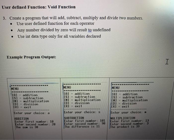 Solved User Defined Function Void Function 3 Create A 