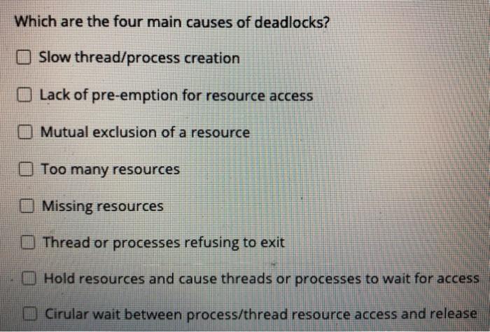 Solved Which are the four main causes of deadlocks? Slow | Chegg.com