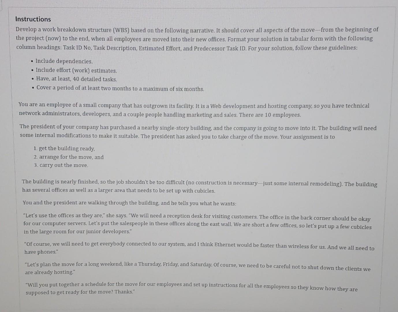 Solved Instructions Develop a work breakdown structure (WBS) | Chegg.com