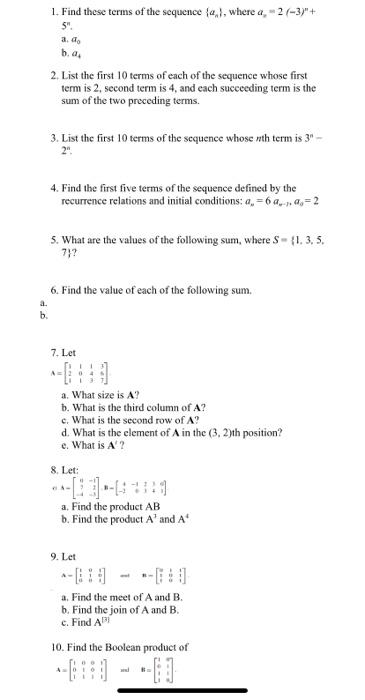 Solved 1. Find these terms of the sequence {4.), where a 2 | Chegg.com