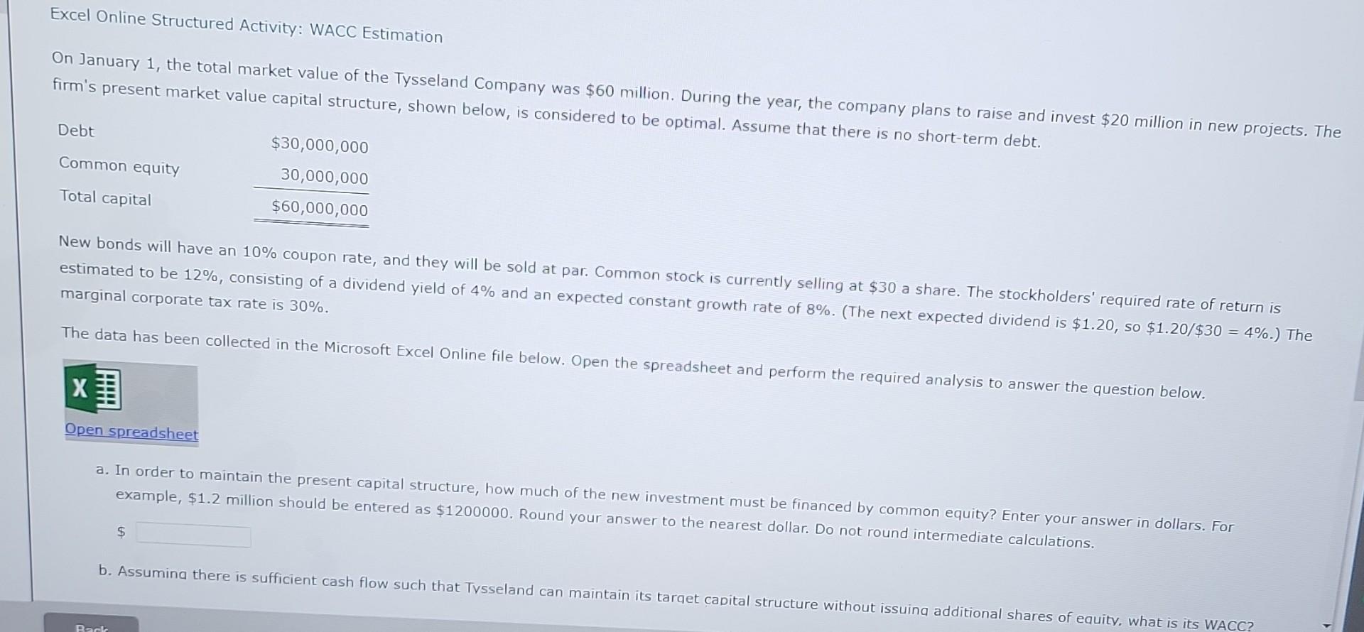 Solved Excel Online Structured Activity: WACC Estimation On | Chegg.com
