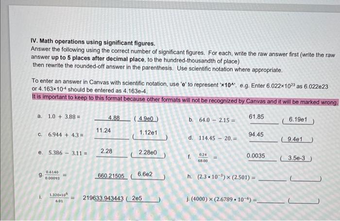 IV. Math operations using significant figures. Answer | Chegg.com