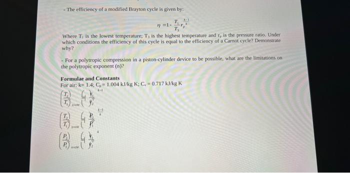 Solved - The efficiency of a modified Brayton cycle is given | Chegg.com