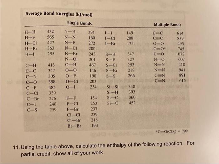 Solved 11. Using the table above, calculate the enthalpy of | Chegg.com