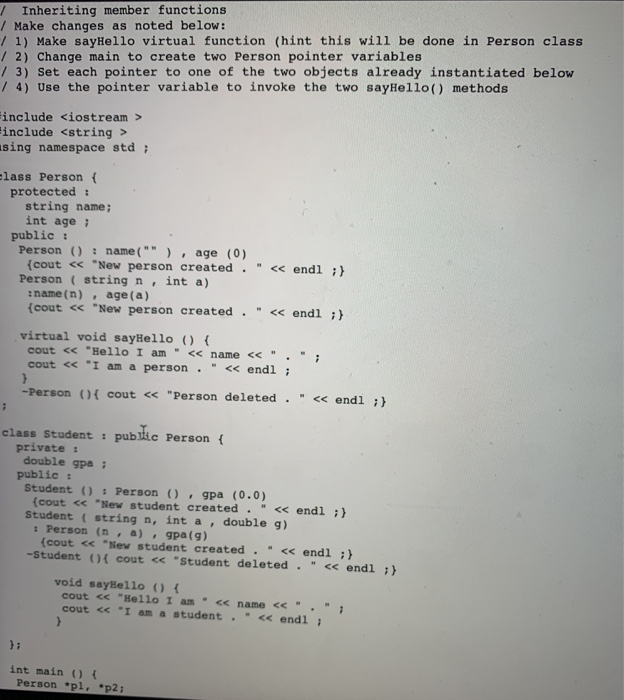 Inheriting member functions /Make changes as noted | Chegg.com