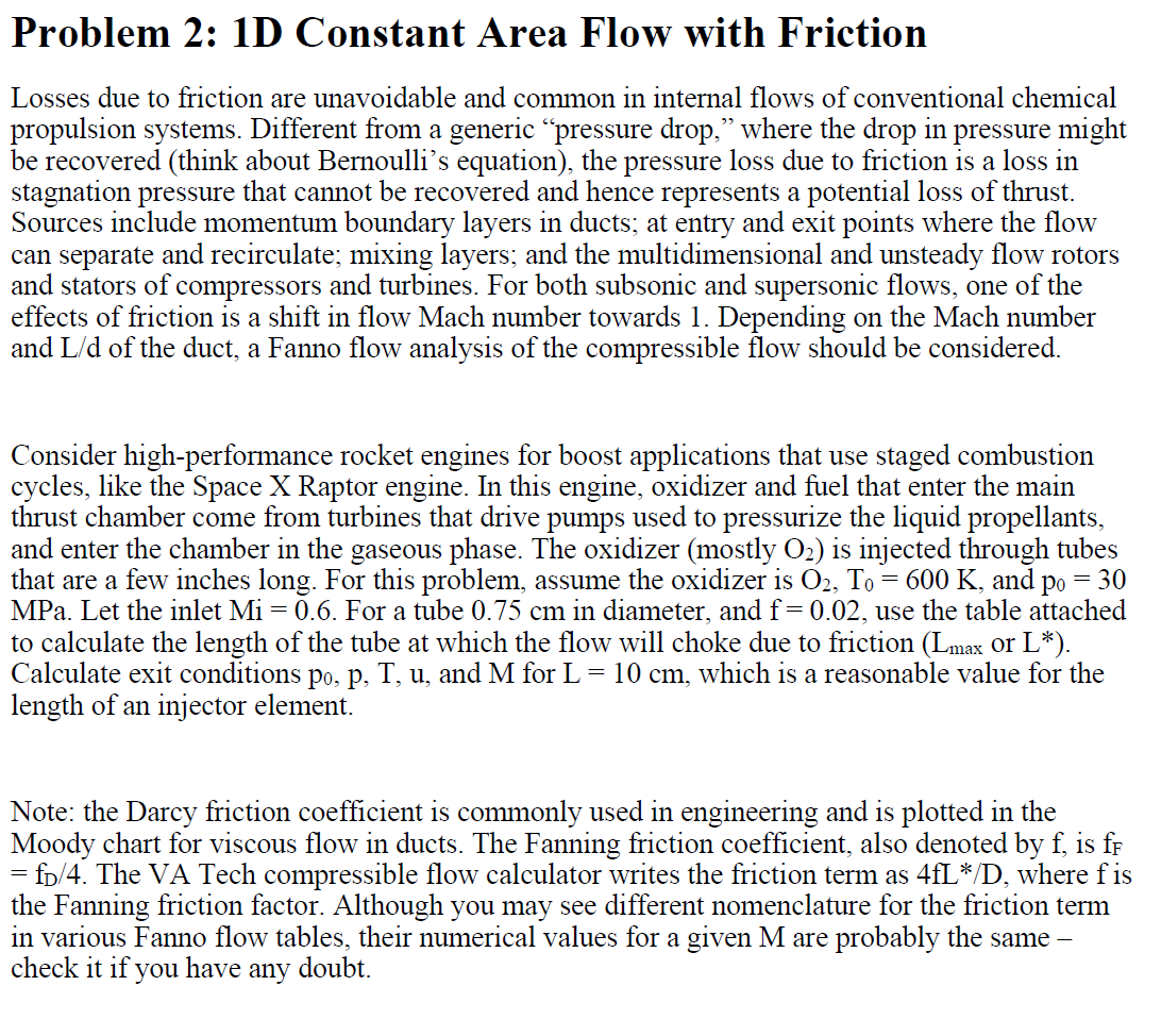 Solved Problem 2: 1D Constant Area Flow with FrictionLosses | Chegg.com