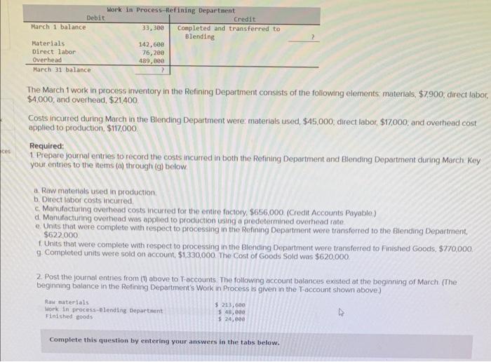 Solved The March 1 work in process inventory in the Refining | Chegg.com