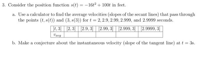 Solved 3 Consider The Position Function S T 16t2 100t