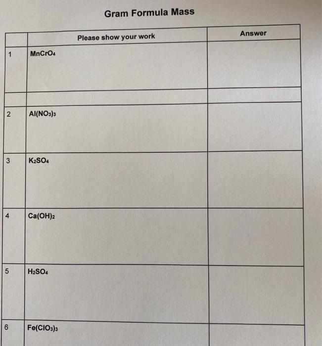 Solved Gram Formula Mass Answer Please show your work MnCro4 | Chegg.com